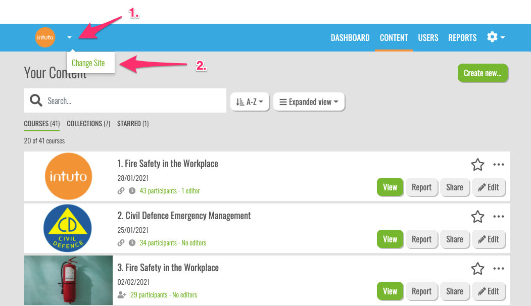 How do I change between multiple Intuto sites?