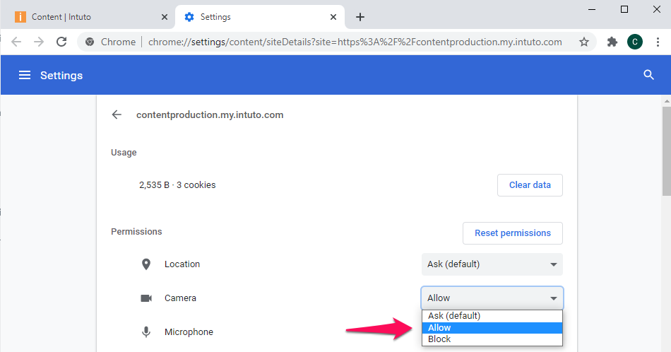 How do I change my browser permissions to allow video and audio?